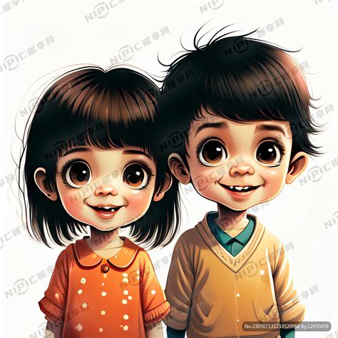 Ai创作图白底 小女孩 小男孩 大眼睛 东方面孔 童真 开心 大笑 可爱 全身 卡通 正面 面部柔和 昵图网