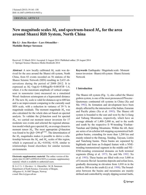 Li2015new Magnitude Scalesml And Spectrum Basedmw For The Area Pdf Moment Magnitude Scale