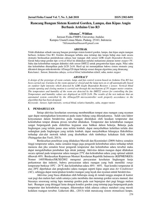 PDF Rancang Bangun Sistem Kontrol Gorden Lampu Dan Kipas Angin Berbasis Arduino Uno R