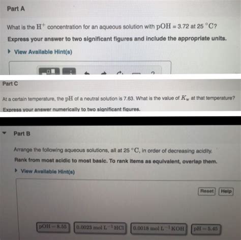 Solved Part A What Is The H Concentration For An Aqueous Chegg Com