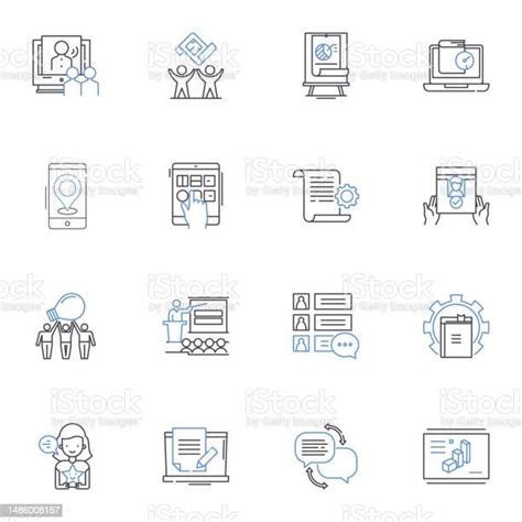 뉴스 방송 라인 아이콘 모음입니다 저널리즘 헤드라인 기자 앵커 속보 라이브 현재 벡터 및 선형 일러스트레이션 방송 취재 편집자