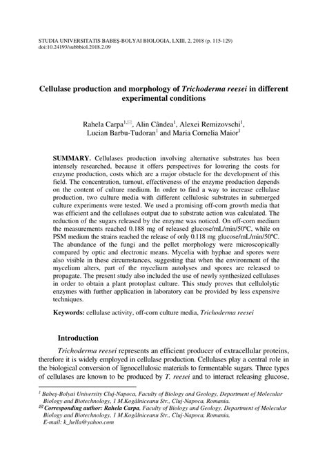 Pdf Cellulase Production And Morphology Of Trichoderma Reesei In Different Experimental Conditions