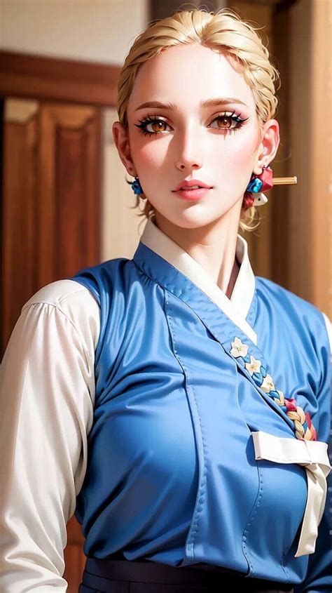 ㄷㅇㅋㅁㅇㅌ 한복입은 가슴큰 푸른눈의 금발 언니 그려줘 판타지 소녀 한복 애니메이션 소녀