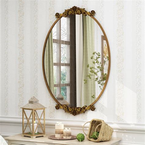 Gold Wall Mirror In Decorative Vintage Oval Frame Oval Antiqued Brass