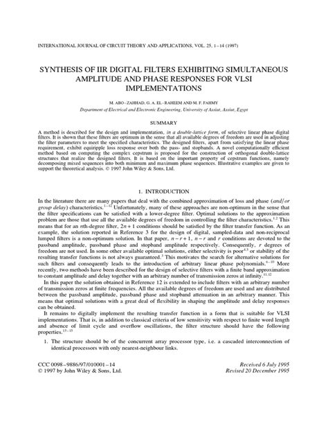 Synthesis Of Iir Digital Filters Exhibiting Simultaneous Amplitude And Phase Responses For Vlsi