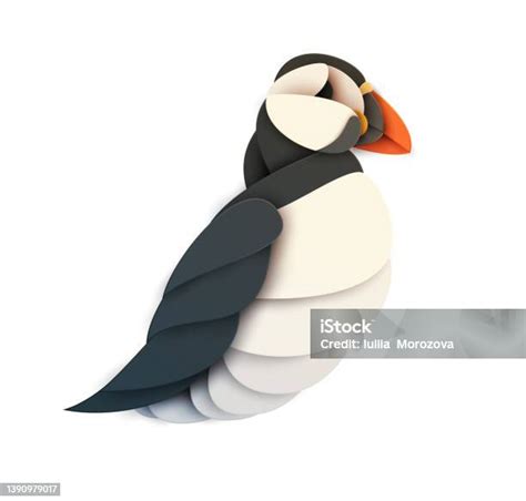 흰색 배경에 고립 된 추상 퍼핀 새 만화 공예 종이 컷 스타일의 창조적 인 3d 개념 다채로운 최소한의 디자인 캐릭터 현대 기하학적 벡터 일러스트레이션 바다오리 바다쇠오리에