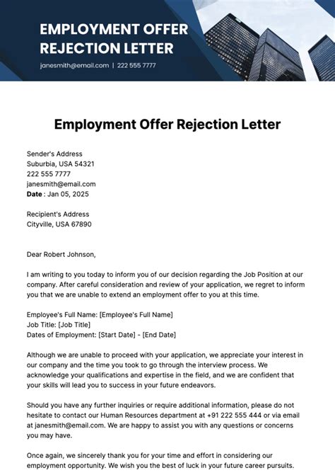 Free Employment Offer Rejection Letter Template To Edit Online