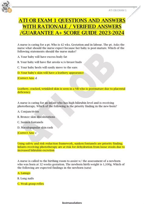 ATI OB EXAM 1 QUESTIONS AND ANSWERS WITH RATIONALE VERIFIED ANSWERS GUARANTEE A SCORE GUIDE