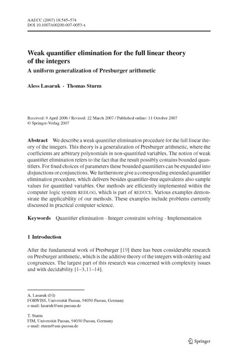 Pdf Weak Quantifier Elimination For The Full Linear Theory Of The
