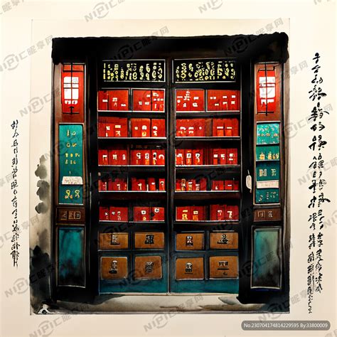 Ai创作图南桉药房 中药房 门牌写着南桉药房 门口照 能看到药柜 古香古色 昵图网