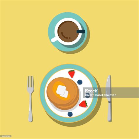 접시에 딸기와 커피 한 잔의 팬케이크 전통적인 아침 식사 기호입니다 아침 분위기 그림자가있는 플랫 스타일 꼭대기에 대한 스톡