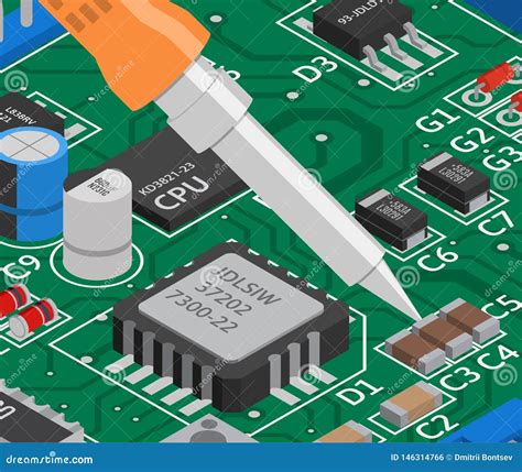 Vector Isometric Printed Circuit Board With Soldering Iron Stock Vector Illustration Of