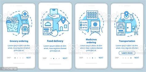 선형 개념으로 모바일 앱 페이지 화면을 온보딩하는 배달 서비스 상용 운송 업계 는 그래픽 지침을 연습합니다 Ux Ui 그림이 있는 Gui 벡터 템플릿 개념에 대한 스톡 벡터
