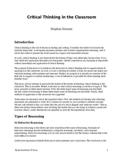 Pdf Critical Thinking In The Classroom