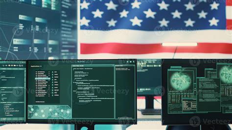 High Tech Cybersecurity Room With American Flag Shown On Big Screen