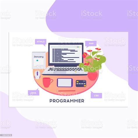코더 나 프로그래머의 작업 환경입니다 벡터 일러스트 레이 션 컴퓨터 웹 개발 웹사이트 화면을 사용 하 여 새 프로젝트를 코딩