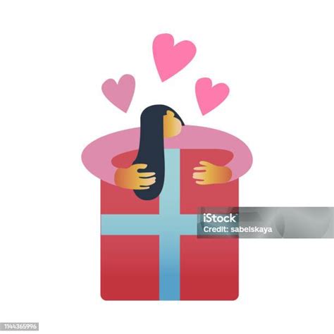 큰 빨간 포옹 하는 여자의 벡터 일러스트 레이 션은 사랑으로 선물 상자를 포장 개념에 대한 스톡 벡터 아트 및 기타 이미지