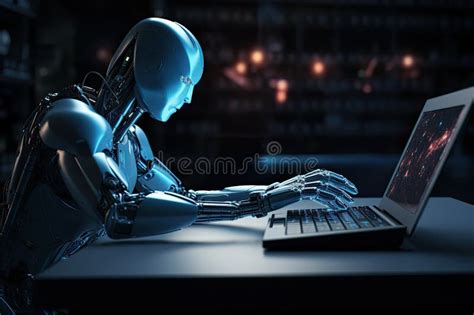 3d Rendering Humanoid Robot Working With Computer In Modern Office At