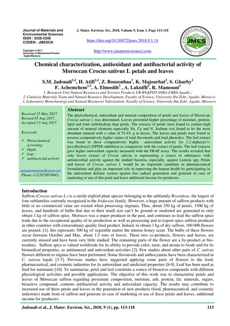 Pdf Chemical Characterization Antioxidant And Antibacterial Activity Of Moroccan Crocus