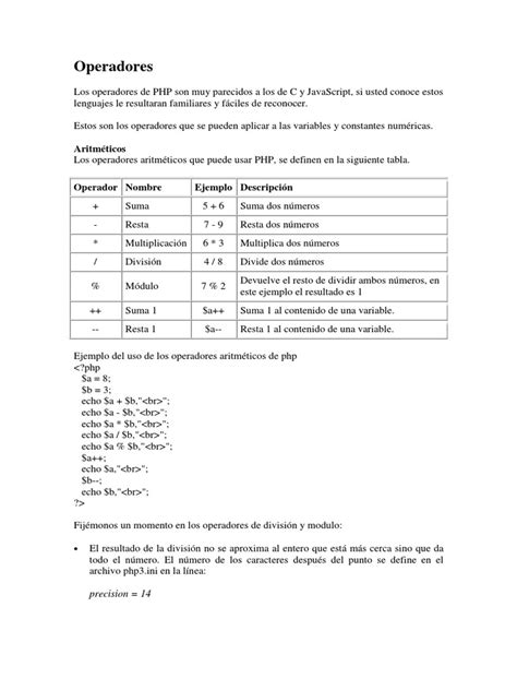 Php Operadores Pdf División Matemáticas Php