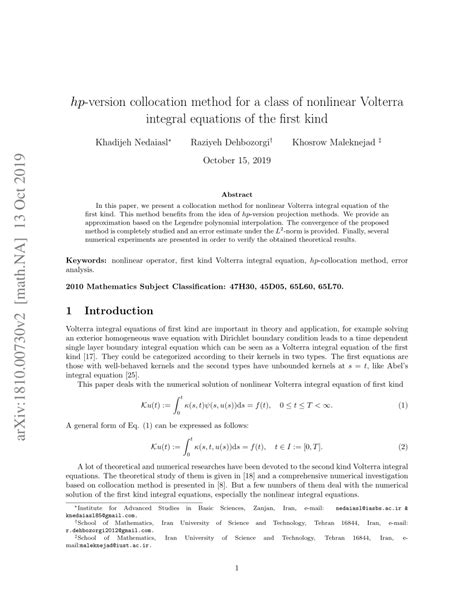 Pdf Hp Version Collocation Method For A Class Of Nonlinear Volterra Integral Equations Of