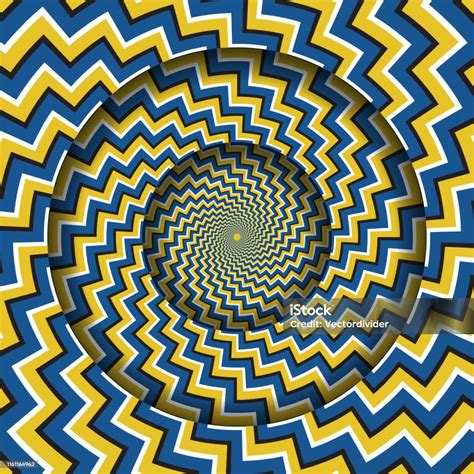 회전 파란색 노란색 지그재그 줄무늬와 추상 라운드 프레임입니다 착시 최면 배경입니다 착시에 대한 스톡 벡터 아트 및 기타 이미지