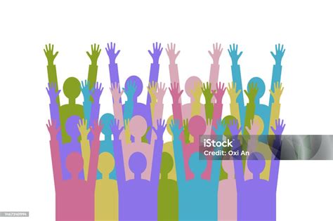 사람 팀 군중 기쁨 단결 항의 힘 승리 성공의 상징으로 손을 든 다양한 색상의 사람들 격리된 배경입니다 벡터 개념에 대한 스톡 벡터 아트 및 기타 이미지 Istock