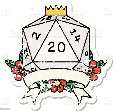 자연스러운 20 치명타 D20 주사위 굴림의 그런지 스티커 굴리기에 대한 스톡 벡터 아트 및 기타 이미지 굴리기 문신 미술품 Istock