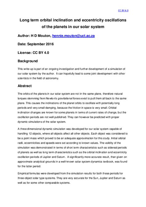 Pdf Orbital Inclination And Eccentricity Oscillations In Our Solar System Hennie Mouton