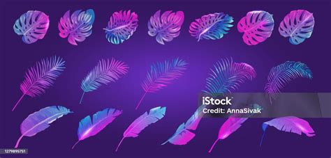 네온 트로픽 잎 세트 벡터 열대 여름 생생한 보라색 템플릿 바나나 몬스터 팜 리프 디스코 비치 휴일 요소 컬렉션 형광 색상 디자인 낙원 파티 일러스트 보라색에 대한 스톡