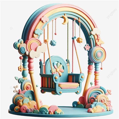 구름과 무지개가 있는 다채로운 디스플레이 기하학적 인물의 3d 렌더링 풍경 받침대 구름과 무지개가 있는 화려한 디스플레이