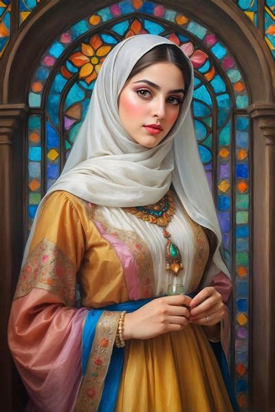 نقاشی زن ایرانی با حجاب آبی و لباس سنتی، جواهرات و پنجره رنگی 1735875