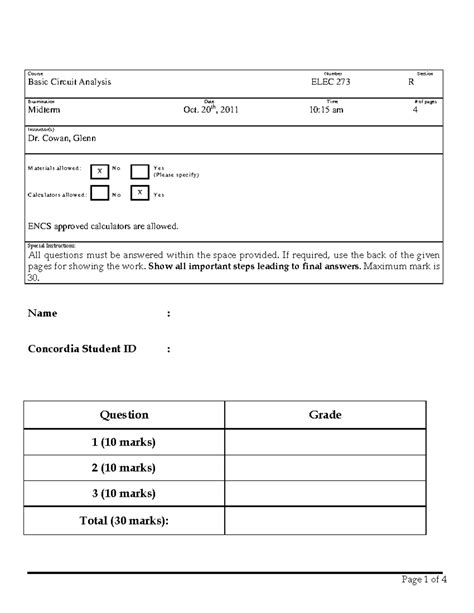 Elec 273 Midterm 2011 F Course Number Section Basic Circuit