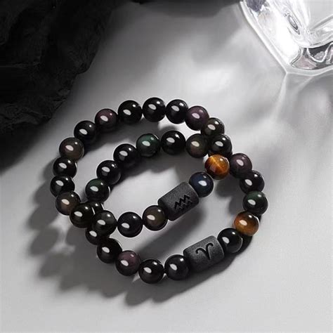 Natural Stone Beads Obsidian 12 Star Sign Bracelet Patron Saint Good