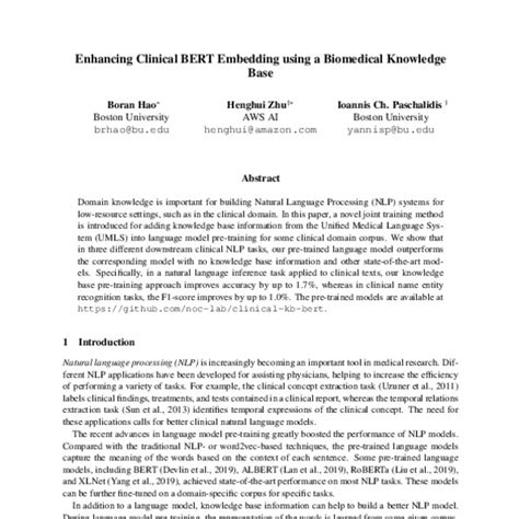 Enhancing Clinical Bert Embedding Using A Biomedical Knowledge Base Acl Anthology