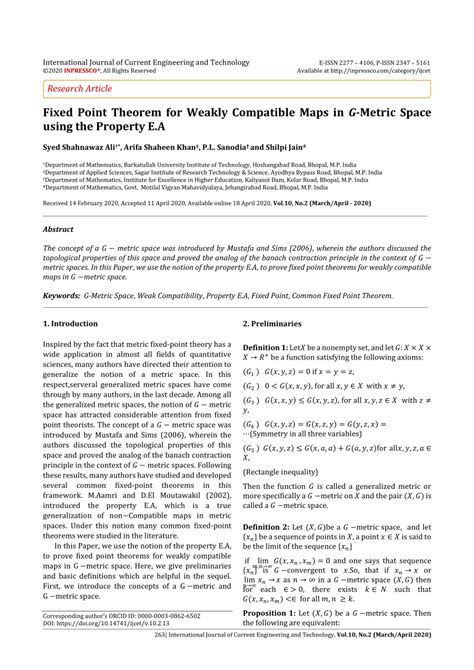 Pdf Fixed Point Theorem For Weakly Compatible Maps In G Metric Space