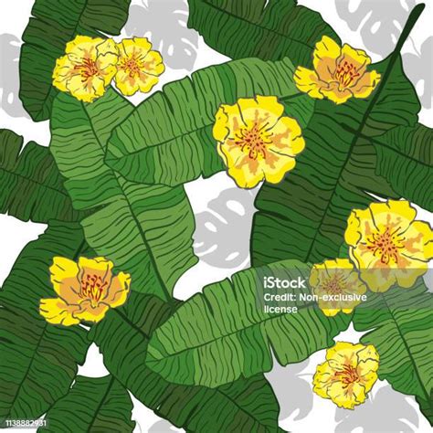 열 대 야자수의 완벽 한 패턴은 노란 꽃 잎 이국적인 창조적 인 보편적인 꽃 패턴입니다 포스터 카드 초대장 플 라 가드 전단지 텍 스타일을 위한 디자인 벡터 일러스트 0명에