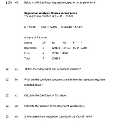 Solved 10 4ii ﻿below Is ﻿a Minitab Linear Regression
