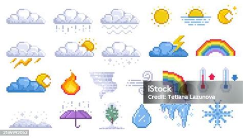 픽셀 날씨 아이콘 태양 비 눈 뇌우 바람 및 흐림의 만화 8 비트 게임 자산 벡터 일기 예보 기호 Isolated