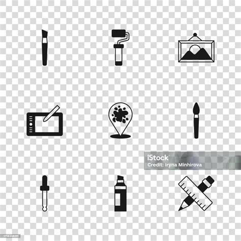 마커 펜 페인트 브러시 십자 눈금자와 연필 스프레이 그림 풍경 롤러 및 그래픽 태블릿 아이콘을 설정합니다 벡터 라인아트에 대한