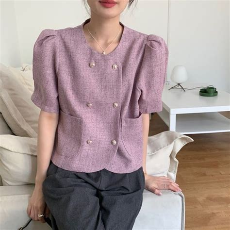 린다걸 라운드넥 퍼프 숄더 더블브레스트 자켓 시원 간절기 환절기 쿨 데이트 품절