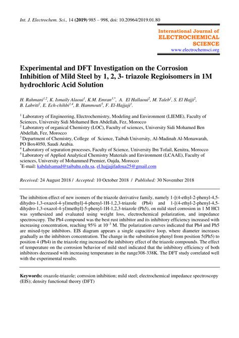 Pdf Experimental And Dft Investigation On The Corrosion Inhibition Of Mild Steel By 1 2 3