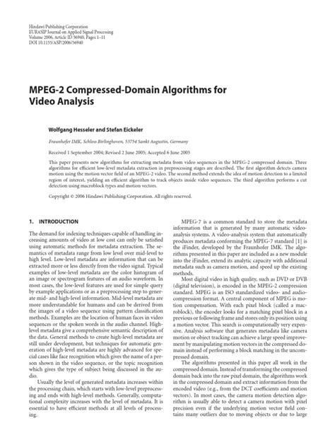 Mpeg 2 Compressed Domain Algorithms For Video Analysis Pdf Data
