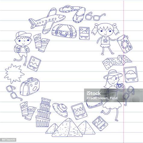 낙서 벡터 여행 휴가 모험을 설정합니다 아이 들과 함께 당신의 여행에 대 한 준비를 부모 유치원 학교 여름 휴가 아이 그리기 2 3 살에 대한 스톡 벡터 아트 및 기타