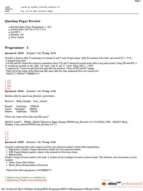 Rpsc Programmer Exam 2011 Paper I Question Paper Pdf Relational Model Internet Protocols