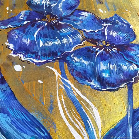 Картина акварелью и акрилом. Синие ирисы на золотом фоне купить в ...