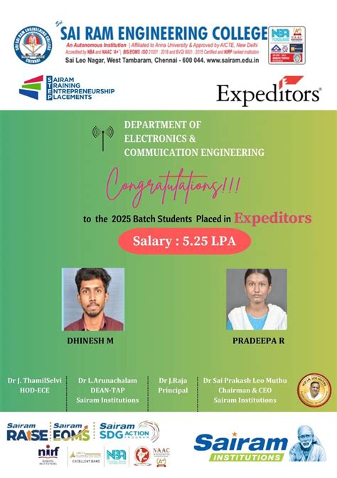 Sairam Ece On Linkedin Department Of Ece Congratulates Dhinesh M And Pradeepa R Of Iv Ece Who Got