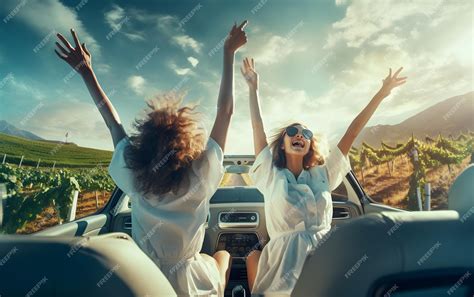 Premium Ai Image Two Girls In A Car With Their Hands Up Driving At Summer