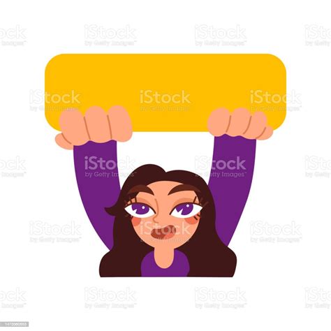 아름다운 소녀가 당신의 비문을 보여줍니다 만화 캐릭터 광고의 빈 복사 공간을 가리키는 경로를 표시합니다 최소한의 스타일 평면 벡터 그림입니다 가공의 인물에 대한 스톡 벡터