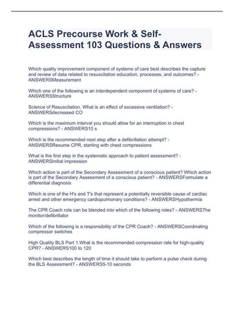 Acls Precourse Work And Self Assessment 103 Questions And Answers Acls Precourse Work And Self